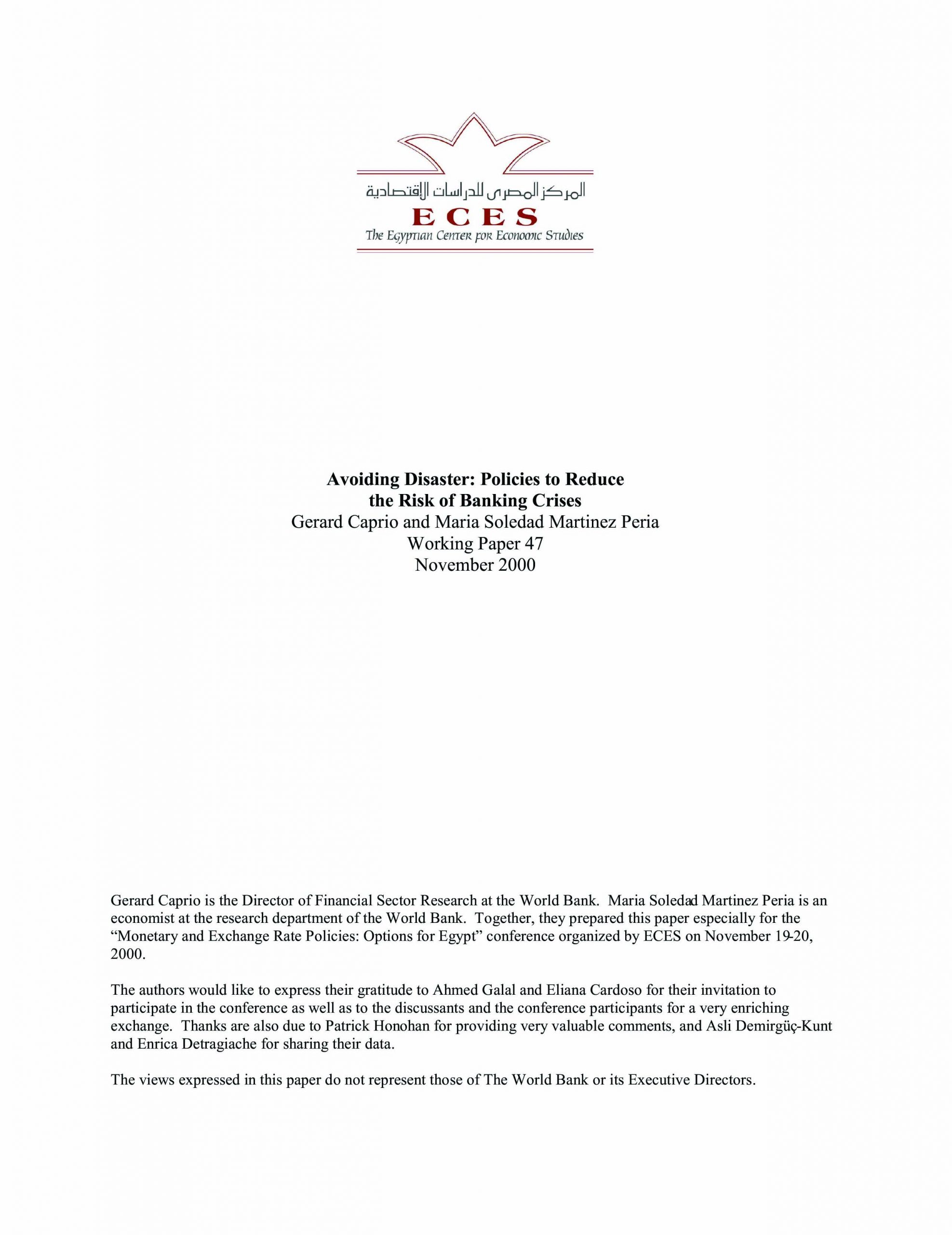 Avoiding Disaster Policies to Reduce the Risk of Banking Crises - ECES