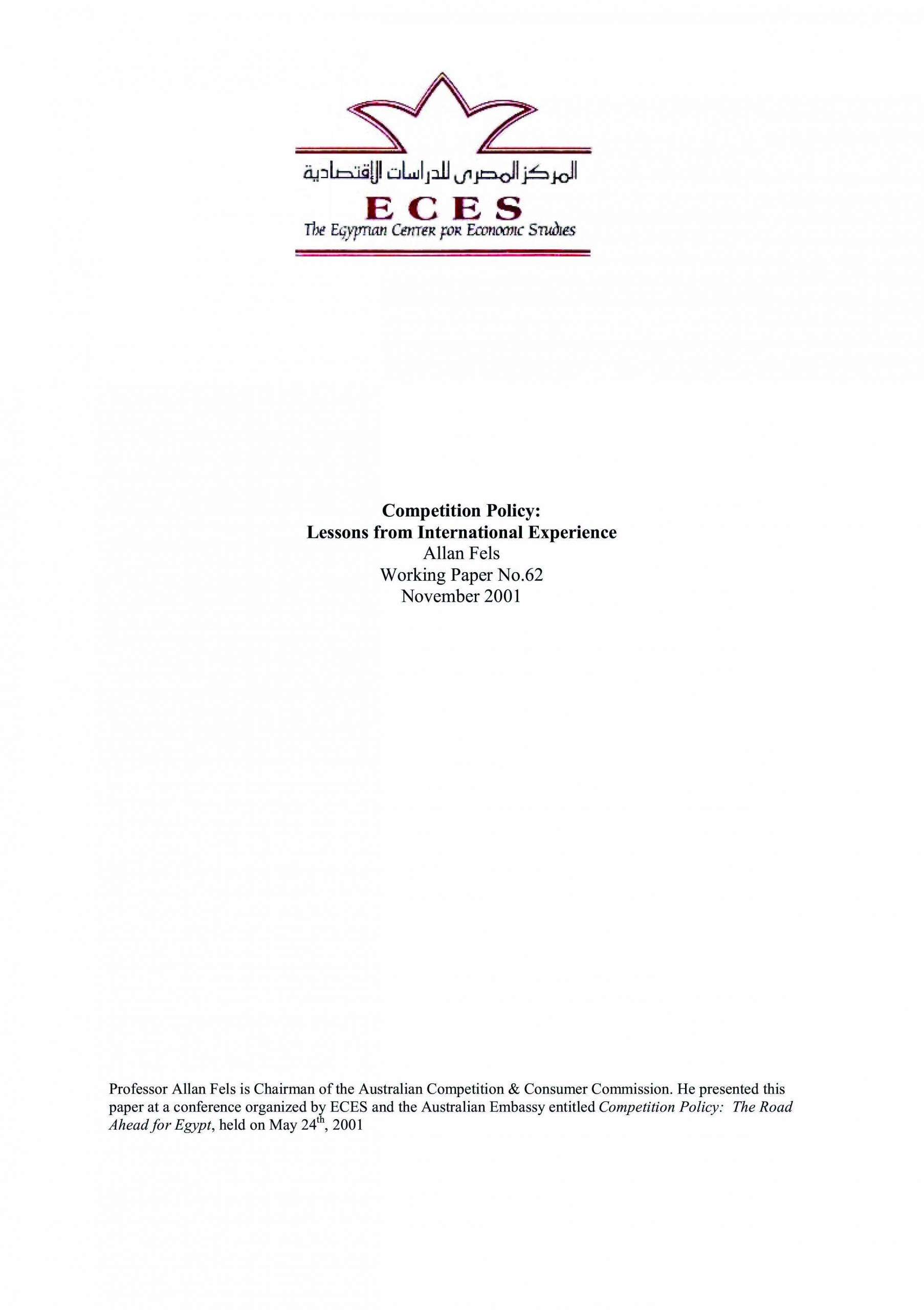 Competition Policy: Lessons from International Experience - ECES